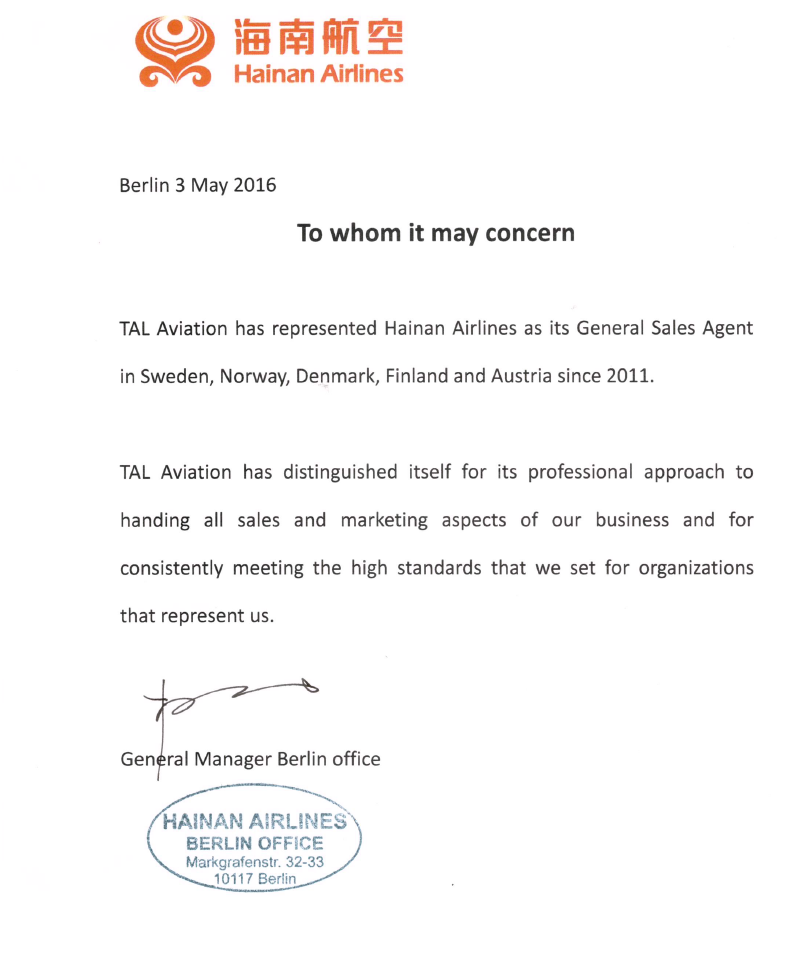 HU Letter of Reference | Testimonials | About Us | TAL Aviation